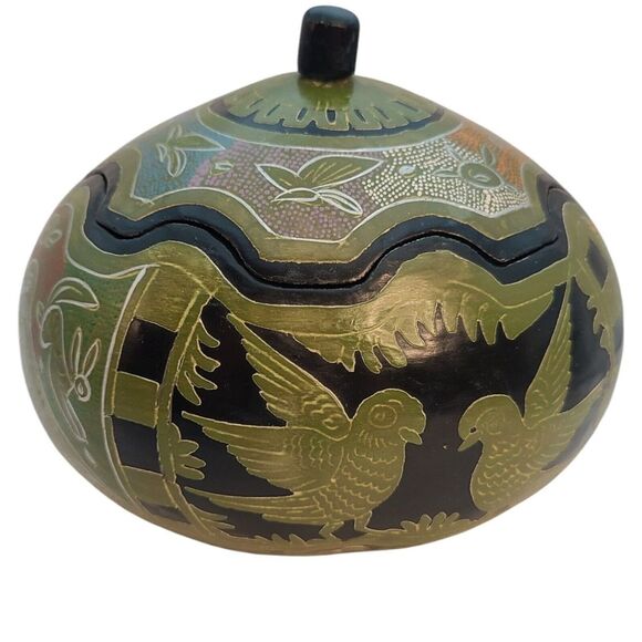 Other | Vintage Carved Primitive Gorde Box Birds Fox Stash Green Black ...